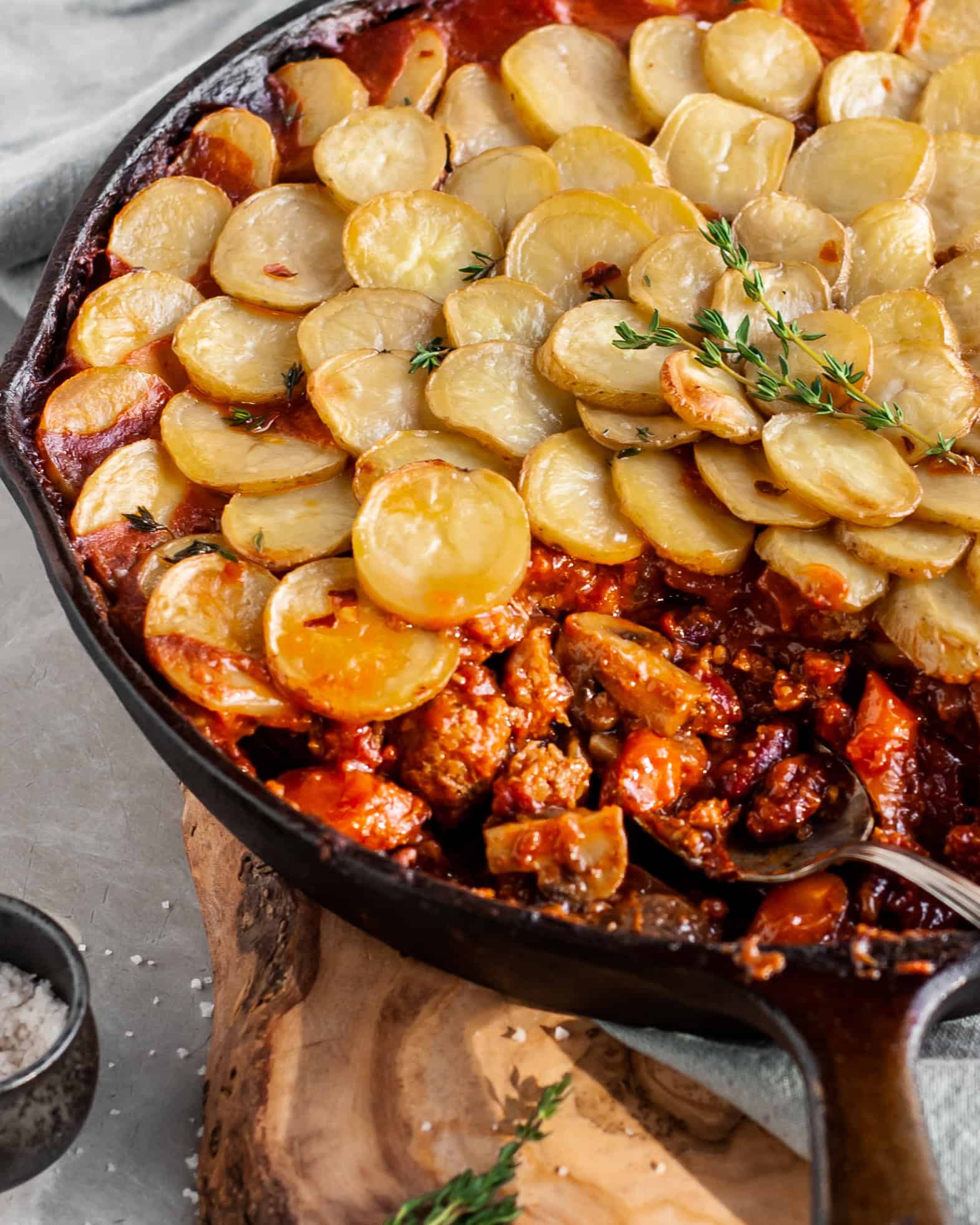 Vegan Savory Skillet Stew with Baby Potato Topping - Crumbs & Caramel