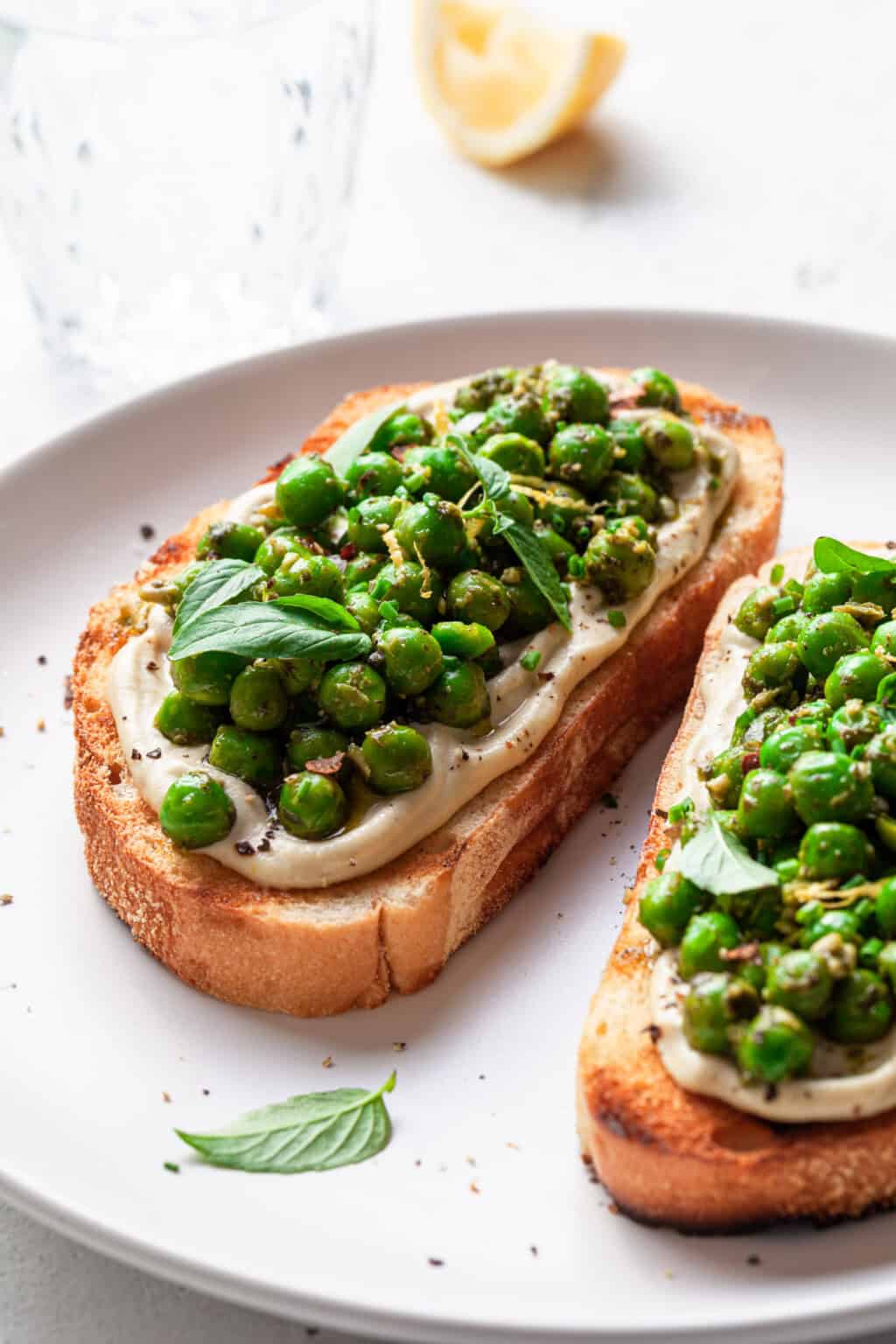 Pesto Pea Ricotta Toasts (Vegan) - Crumbs & Caramel
