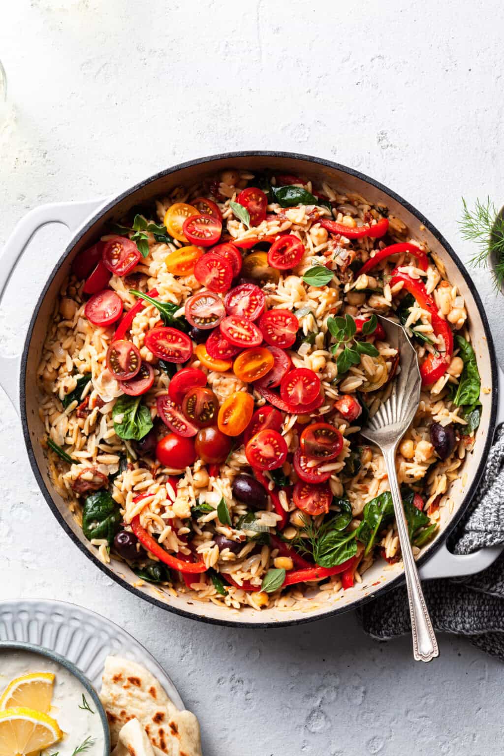 One-Skillet Greek Orzo and Chickpeas - Crumbs & Caramel